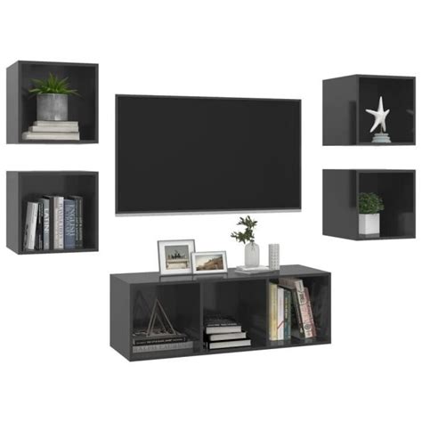 Meuble TV Mural Support TV Avec Compartiments Ouverts 5pcs Support