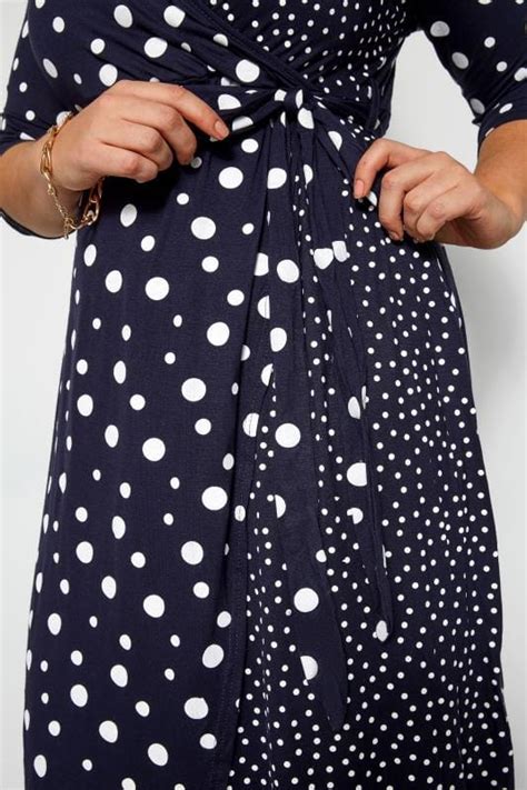Navy Mixed Polka Dot Wrap Dress Yours Clothing