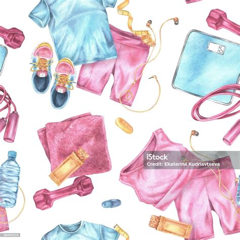 여성을 위한 피트니스 원활한 패턴 핑크 스포츠웨어 및 장비의 수채화 그림입니다 흰색 배경에 손으로 그린 운동 도구입니다 상점과 체육관을 위한 운동 물건 장식 0명에 대한