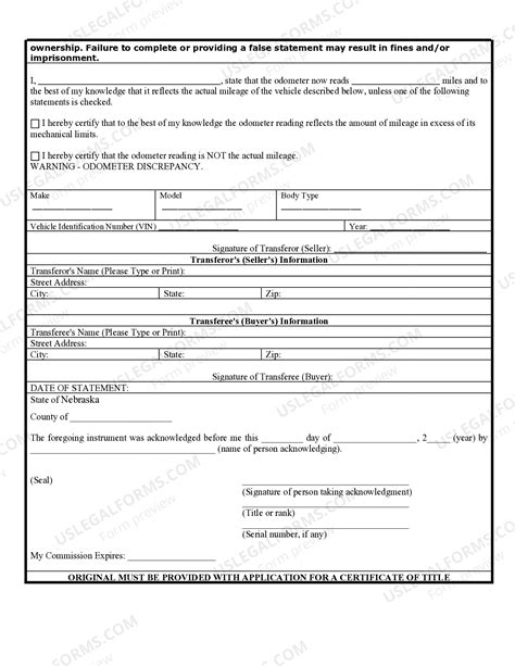 Nebraska Bill Of Sale Of Automobile And Odometer Statement For As
