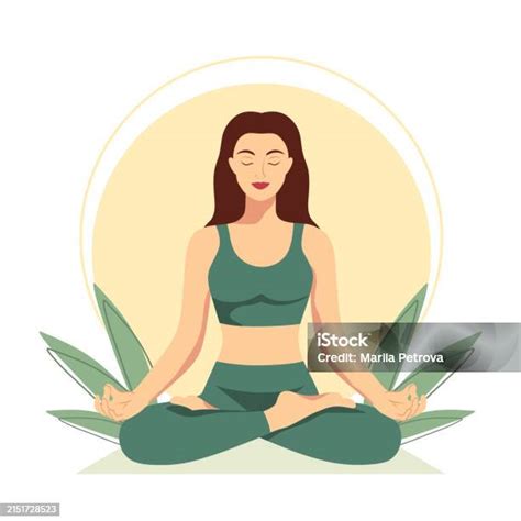 긴 머리를 가진 아름 다운 소녀가 태양과 식물 배경에 연꽃 포즈를 취하고 있습니다 명상과 요가 국제 요가의 날 벡터 일러스트 레이 션 개념에 대한 스톡 벡터 아트 및 기타