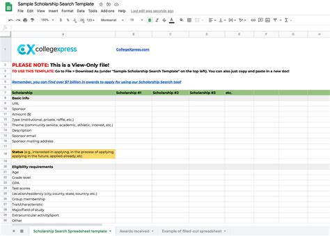 Scholarship Spreadsheet Template