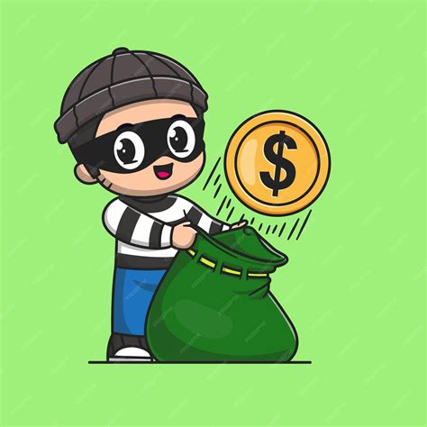 금화 만화 벡터 아이콘 일러스트와 함께 돈 가방을 들고 있는 귀여운 도둑 사람들이 금융 플랫 무료 벡터