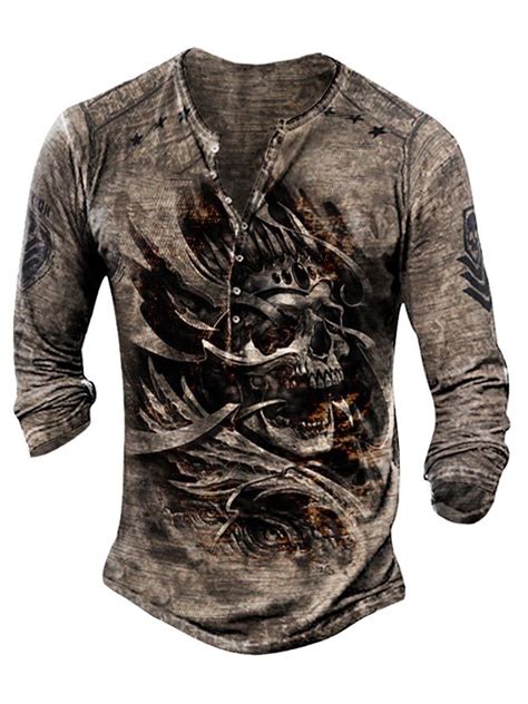 Capreze Men Henley Shirt Shortlong Sleeve Vintage Print Casual Buttons