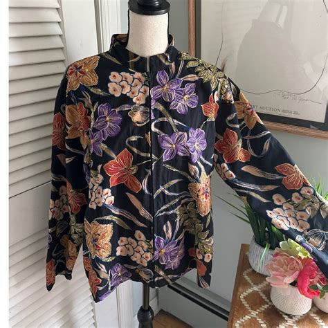Vintage Coldwater Creek Bohemian Jacket Full Zip Black Floral Beaded