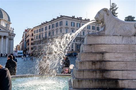 Sunny Day At Piazza Del Popolo With Iconic Lion Fountain Editorial