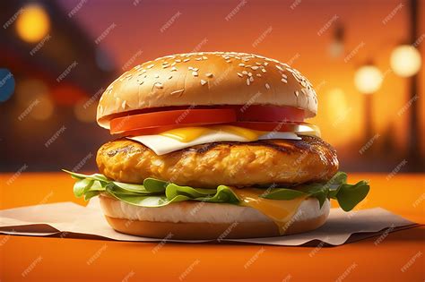 Premium Photo Big Juicy Chicken Burger Sandwich On A Orange