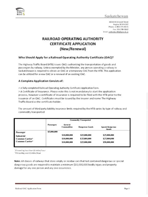 Fillable Online Railway Operating Authority Certificate Application Fax