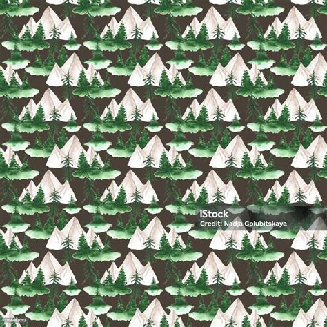 갈색 배경의 조경 매끄러운 패턴 소나무 그리고 산 끝 없는 인쇄 수채화 숲 벽지 녹색 나무 그리고 봉우리 배경 포장지 등을 위한