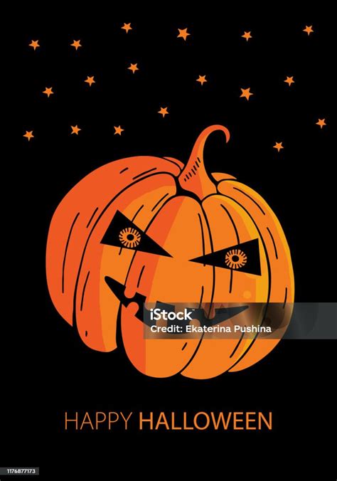 벡터할로윈 인사말 카드입니다 재미와 무서운 오렌지 호박과 별과 달밤 하늘할로윈 파티를위한 귀여운 낙서 인사말 카드 포스터 배너에 대한 손으로 그린 그림 10월에 대한 스톡