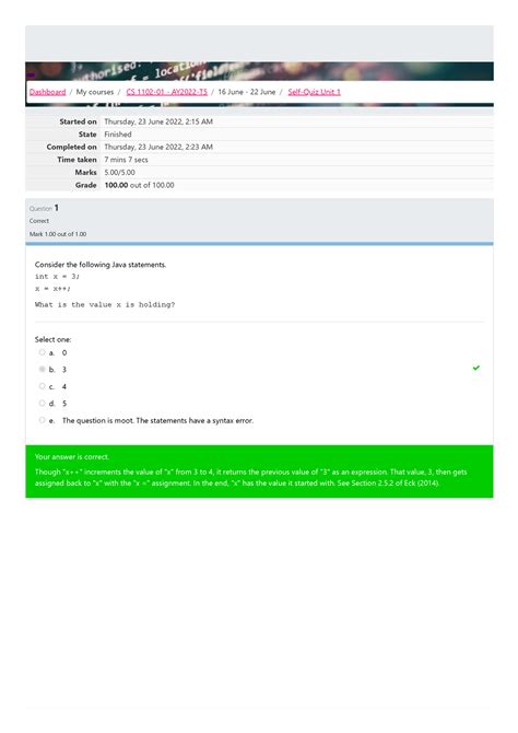 cs1102 self quiz unit 1 attempt review started on thursday 23 june