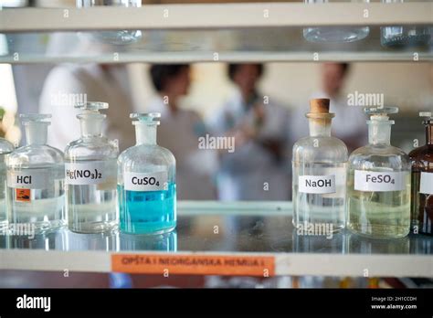 Bottles With Different Chemicals On The Shelf In A Sterile Laboratory