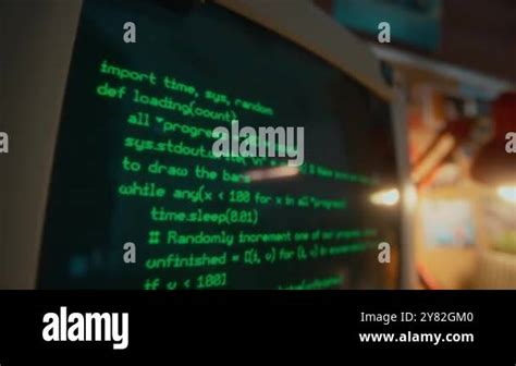 No People Close Up Of Green Programming Code Running Autonomously On Black Screen On Outdated
