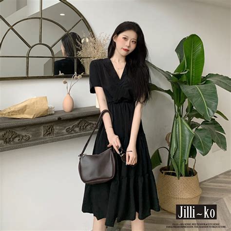 Jilli Ko 法式簡約v領連衣裙 黑色 短袖洋裝 Yahoo奇摩購物中心