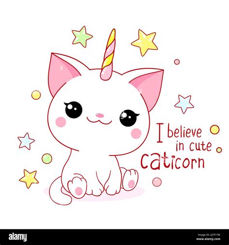 Cute Card In Kawaii Style Little Unicorn Cat With Horn Happy White