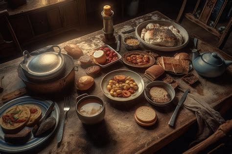 Premium Ai Image Plate With Leftover Food On A Dirty Table Generative Ai