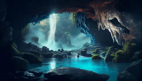 Premium Ai Image Very Big Cave With Beautiful Waterfall