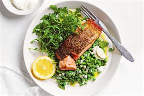 Garlic Salmon With Rocket And Minted Peas Recipe