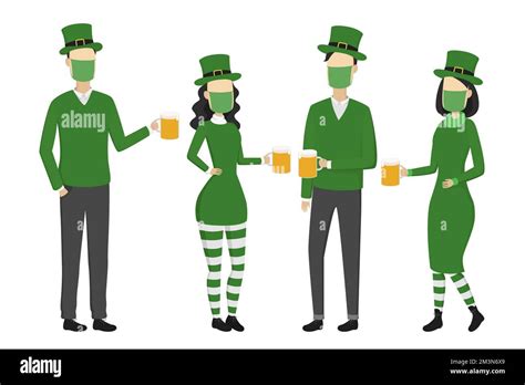 Friends In Masks Celebrating St Patricks Day Cartoon Vector