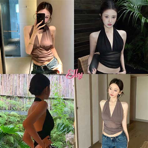 Elly Neckline Crop Top Deep V Neck Concave Chest Open Back Pleated Slim