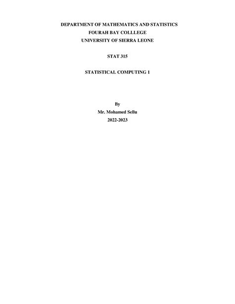 Stat 315 Lecture Note Department Of Mathematics And Statistics Fourah