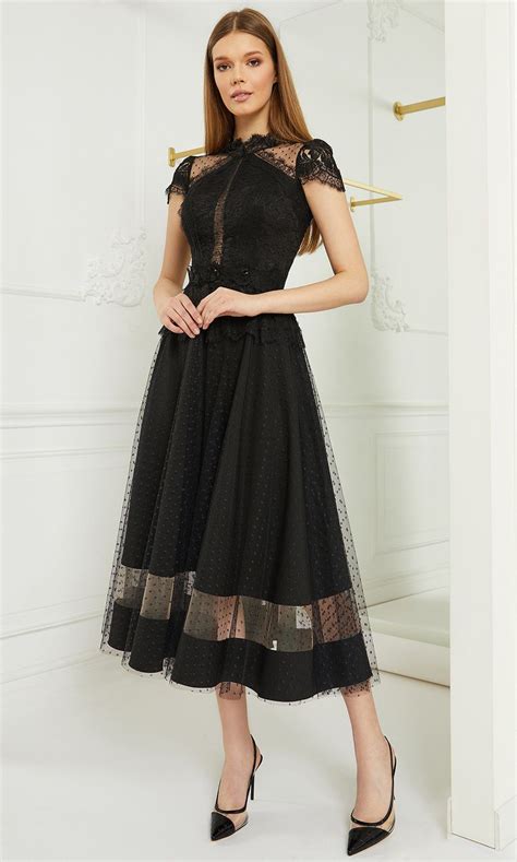 Cristallini Ska1114 Tea Length Embroidered Lace Peplum Dress Tea