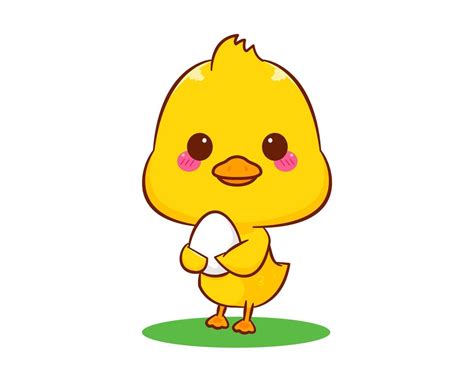 Cute Little Duck Holding Egg Cartoon Character Isolated White
