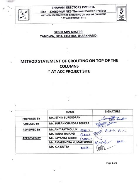 Method Statement Of Grouting On Top Of Columns At Acc Pdf Secondary