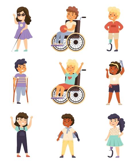 장애 아동 목발 보철 장치 보철 장치와 휠체어 부상 및 손해를 입은 귀여운 장애 어린이 맹인 및 청각 장애 소년 소녀 벡터 만화 플랫 스타일 격리 세트 프리미엄 벡터