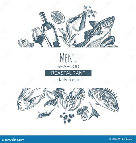 Vector Illustration Sketch Card Menu Seafood Restaurant Stock