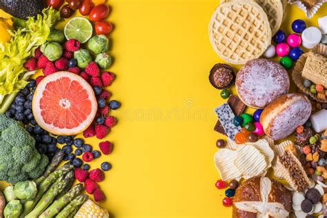 Healthy And Unhealthy Food Concept Fruits And Vegetables Vs Sweets Top
