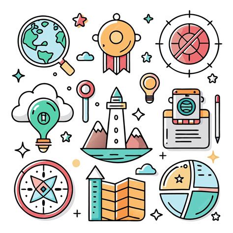 An Illustration Of Various Icons Including A Lighthouse A Compass A