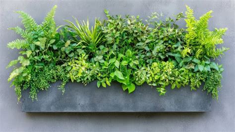 A Gray Rectangular Planter Box Filled With A Variety Of Green Plants Stock Image Image Of