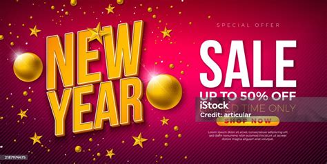 새해 복 많이 받으세요 판매 디자인 와 3d 타이포그래피 레터링 와 빨간 배경에 금색 크리스마스 공 휴일 특별 행사 캠페인 할인 일러스트레이션 쿠폰 바우처 배너 전단지