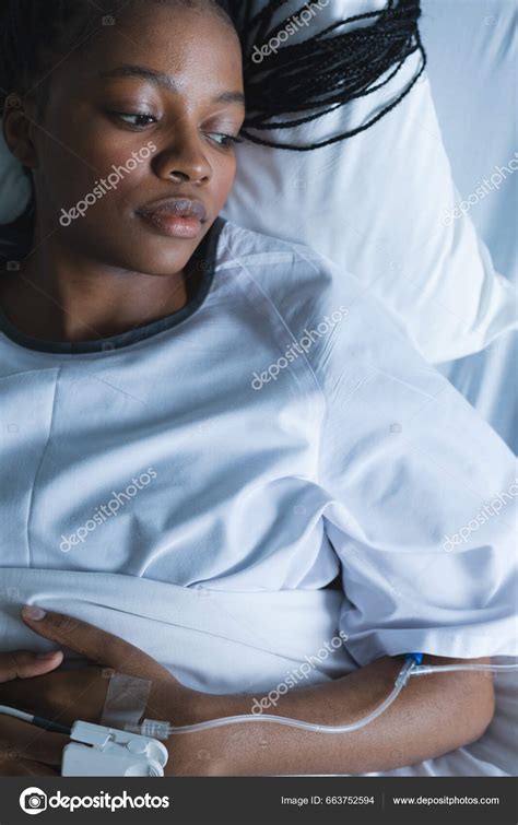 African American Female Patient Drip Hand Lying Bed Hospital Room