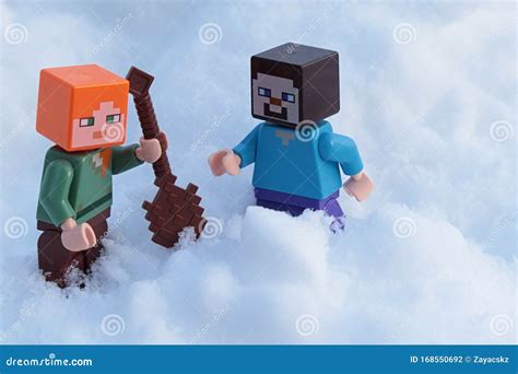 Minecraft Lego Figures Of Steve And Alex Standing In Real Deep Snow Alex Starts Digging Snow