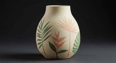 Beige Ceramic Vase With Pink And Green Tropical Leaf Design Stock