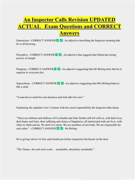 An Inspector Calls Revision Updated Actual Exam Questions And Correct Answers An Inspector