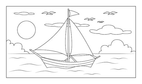 Desenho De Linha De Um Veleiro No Meio Do Mar Para Colorir Vetor