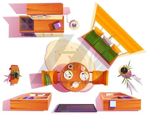 دانلود وکتور ست اتاق ناهارخوری با وسایل آشپزخانه با نمای بالا وآیکون