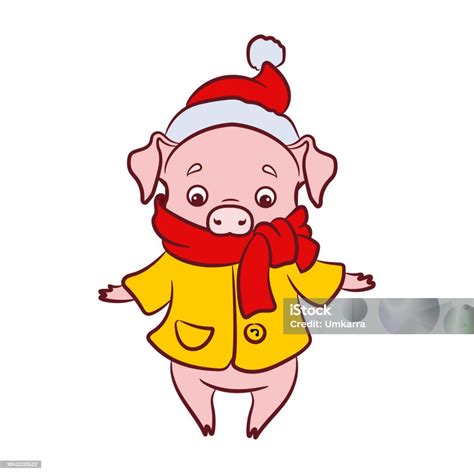 돼지 중국 달력에 새로운 2019의 상징 노란색 코트와 빨간 스카프와 모자 입고 벡터 12월에 대한 스톡 벡터 아트 및 기타