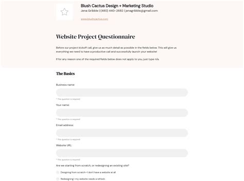 Creative Agency Website Design Project Intake Questionnaire Honeybook