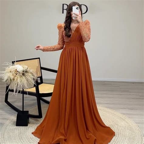 Thinyfull Sexy Prom Dresses A Line Long Sleeve Sequines V Neck Beadings