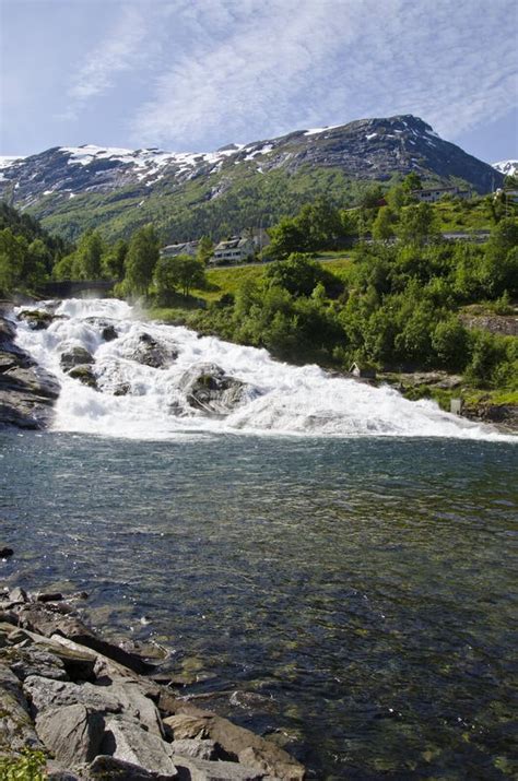 Norway Waterfall In Hellesylt View Stock Image Image Of Ferry