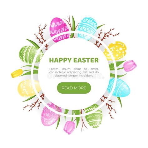 Happy Easter Banner Design With Eggs And Tulip Flower Vector Template