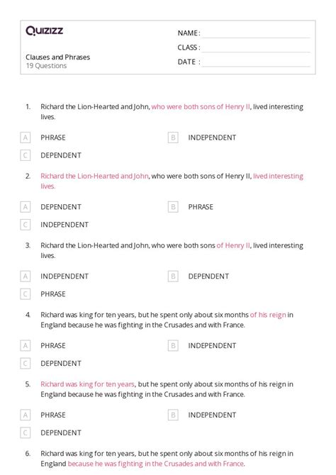 50 Phrases And Clauses Worksheets On Quizizz Free And Printable