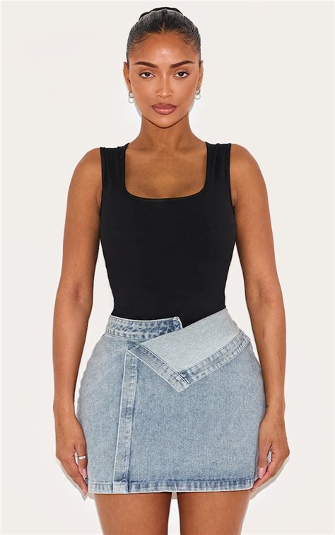 Shape Washed Blue Denim Foldover Waist Mini Skirt Shape