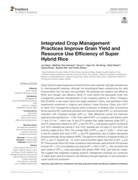 Pdf Integrated Crop Management Practices Improve Grain Yield And