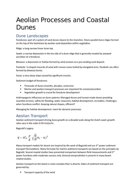 Aeolian Processes And Coastal Dunes Summary Aeolian Processes And