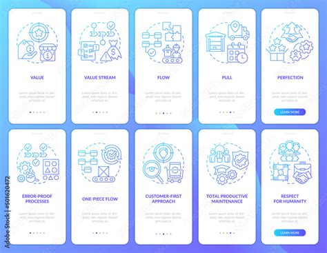Lean Manufacturing Blue Gradient Onboarding Mobile App Screen Set Walkthrough 5 Steps Graphic